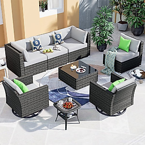 XIZZI Outdoor Furniture Patio Sectional Sofa Swivel Rocking Chairs 8 Piece All Weather PE Rattan Wicker Conversation Sets with Coffee and Side Table for Backyard Deck Garden,Grey