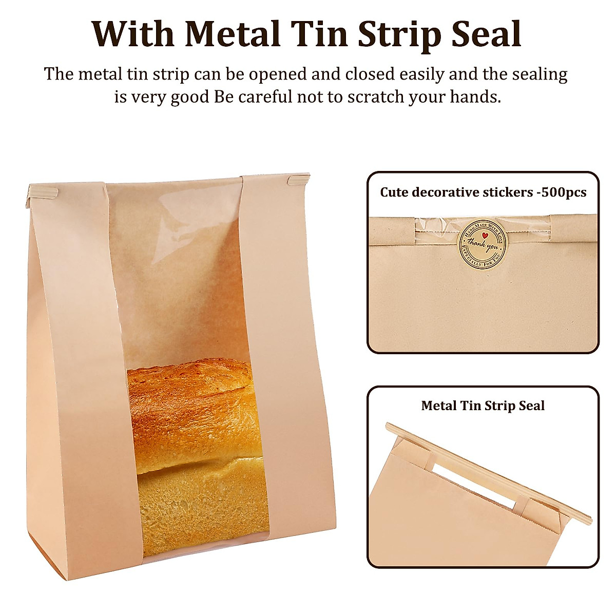 Dualshine 100 Pcs Bread Bags for Homemade Bread Sourdough Bread Bags Paper Kraft with Window Bread Bags 14" x 8.3" x 3.5" with Tin Strip and 500 Pcs Seal Stickers for Cookies Coffee Beans and Bakery