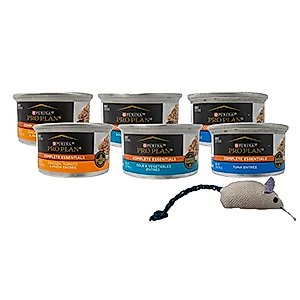 Purina Pro Plan Cat Food Canned Wet Entree 3 Flavor 6 Can Sampler Bundle, (2) Each: Chicken Tomato Pasta Gravy, Sole Vegetable, and Tuna Entree Sauce (3 Ounces) Plus Catnip Mouse