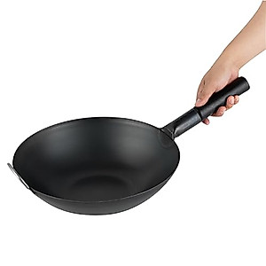 Restaurantware-Motomori 14 Inch Pre-Seasoned Carbon Steel Wok, 1 Traditional Japanese Wok - Flat Bottom, Wooden Handle, Black Carbon Steel Traditional Stir Fry Pan, With Helper Handle