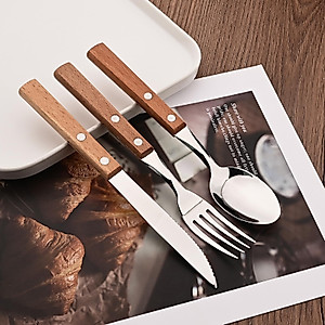 Reusable Wood Handle Flatware Set for 8 - Uniturcky 304 Stainless Steel Silverware Set Includes 8 Each Forks Spoons and Knives - Eating Utensils Cutlery Set for Home Restaurant (24PCS, Log)