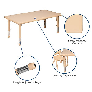 Flash Furniture Adjustable Classroom Activity Table with 6 Stackable Chairs, Rectangular Plastic Activity Table for Kids, 24" W x 48" L, Natural