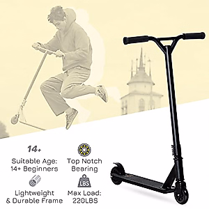 Aosom Stunt Scooter, Pro Scooter, Entry Level Freestyle Scooter w/Lightweight Alloy Deck for 14 Years and Up Teens, Adults, Black