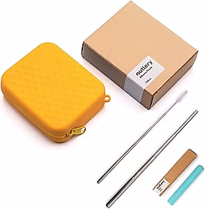 Outlery | Collapsible, Reusable Straw for Travel and Day Trips Stainless Steel Metal Straw Bundle with Silicone Pouch for Outlery Travel Cutlery (Yellow) - a Silicone Pocket to Protect