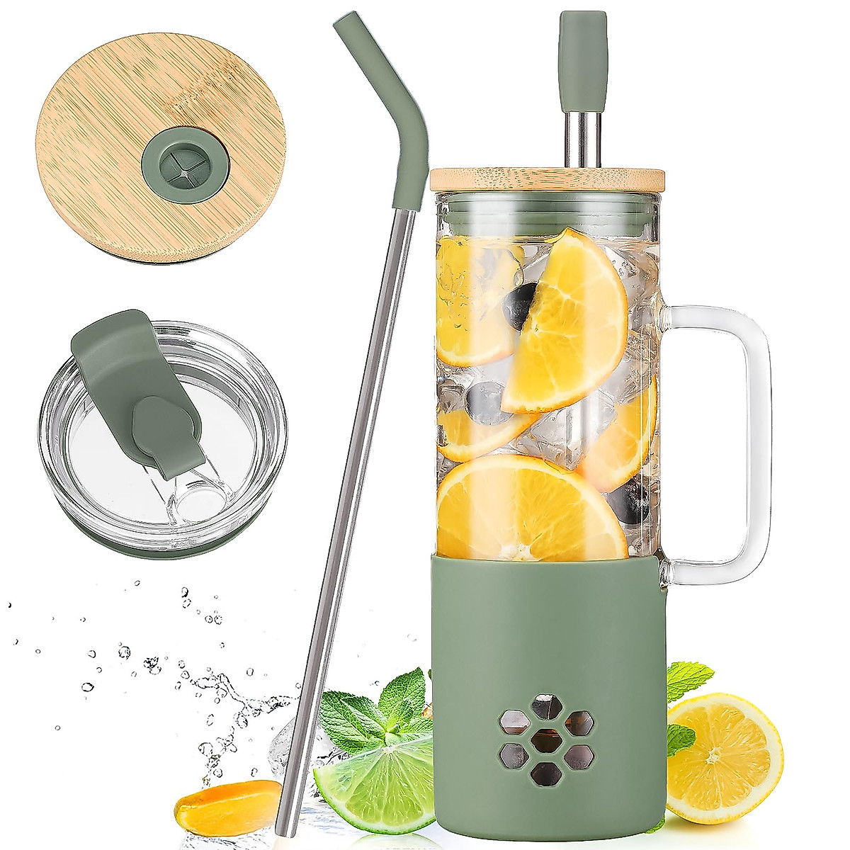 MUKOKO Glass Cups With Lids and Straws, 20oz Glass Tumbler with Straw and Handle, Iced Coffee Cups with lids - Bamboo Lid & On the Go Lid, Smoothie Cup Leak Proof Tumbler with Silicone Sleeve - Olive