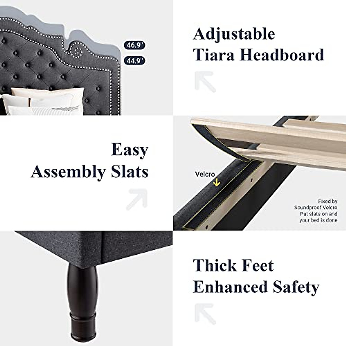 Allewie Queen Bed Frame with Adjustable Tiara Headboard, Fabric Upholstered Diamond Button Tufted Platform Bed, Wood Slats Support, No Box Spring Needed, Mattress Foundation, Easy Assembly, Dark Grey