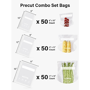 Kootek Vacuum Sealer Bags, 150 Gallon 11" x 16", Quart 8" x 12" and Pint 6" x 10" Vacuum Seal Bags for Food, Commercial Heavy Duty, BPA Free, Precut Food Vac Bag for Storage, Meal Prep or Sous Vide
