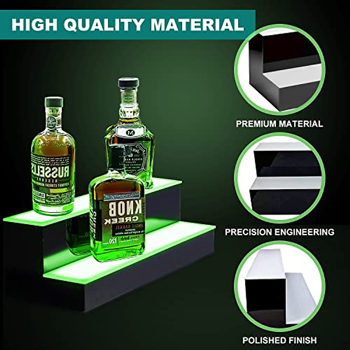 QUDEISB 16 Inch LED Lighted Liquor Bottle Display Shelf 2 Step Liquor Bottle Display with Remote Control 2 Tier Liquor Light Display for Commercial Home Bar Lighting