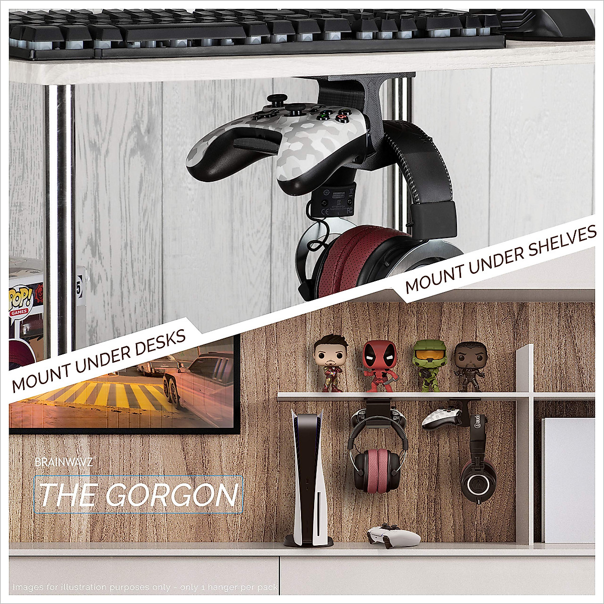 BRAINWAVZ The Gorgon - Under Desk Game Controller & Headphone Holder for XBOX, PS4, PS5, Series One, Steelseries, PC & Most Gamepads & Headsets, Screwless Hanger Stand, Black