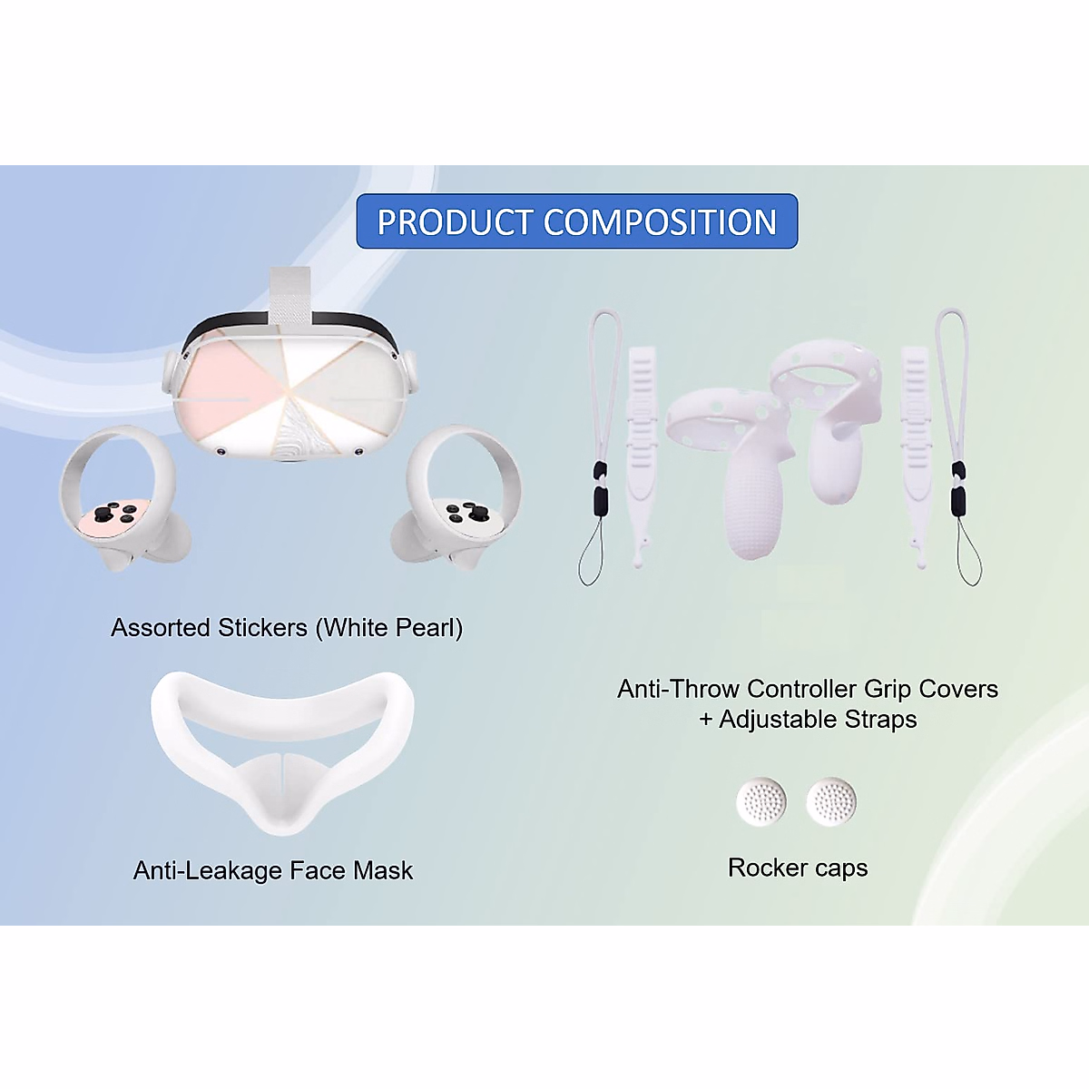 Clean VR Set 3-in-1 Compatible with Oculus Quest 2 Headset/Meta Accessories: Anti-Leakage Face Cover + Non-Slip Grip Covers + Stickers | Sweatproof Anti-Dirty Virtual Reality Decal Skin (Iron Black)