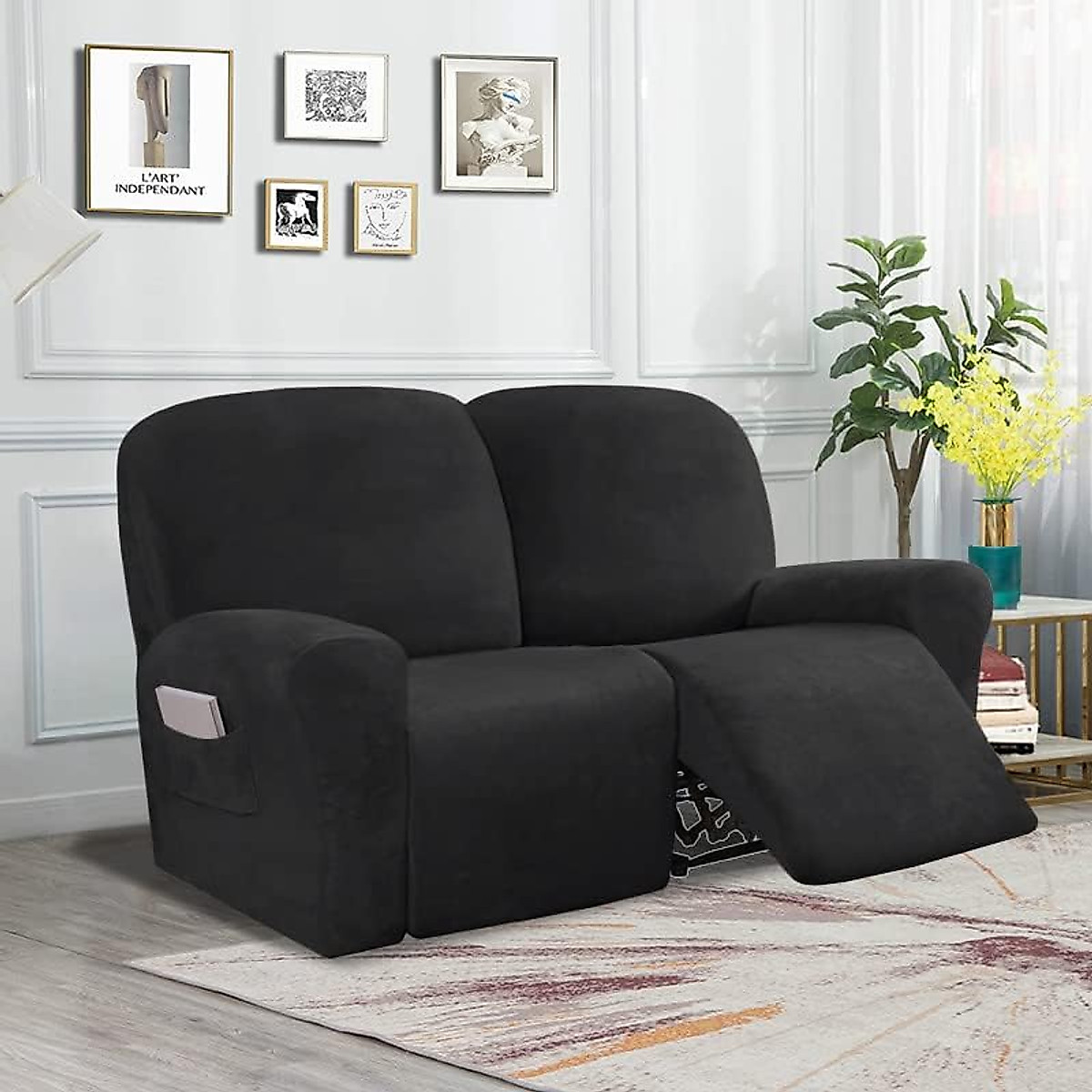 Recliner Loveseat Covers, Waterproof Nonslip Double Recliner 6-Pieces, Recliner Chair Cover Furniture Protecter for Kids, Pets, Soft Stretchy Fabric Machine Wash & Colorfast (Velvet Black, 2 Seat)