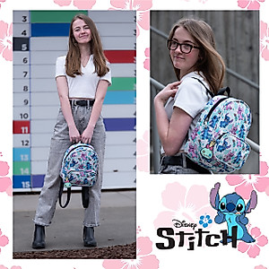 Disney Stitch & Angel Mini Backpack with Allover Print & Molded Scrump Dangle, 10.5 Inches, Adjustable Straps, Faux Leather