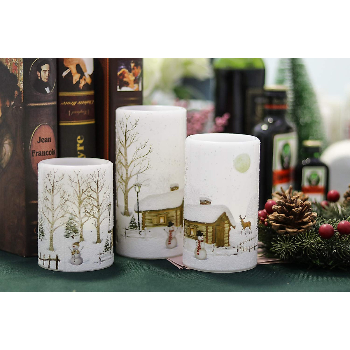 Eldnacele Snowman Christmas Deco Flameless Flickering Candles with Automatical Daily Cycle Timer, White Battery-Operated LED Pillar Candles Snowman Decals 3 Pack (D3” x H 4” 5” 6”) – Snowman