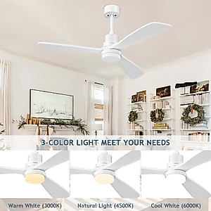 CLUGOJ 52" White Ceiling Fans with Lights Remote Control, Indoor Outdoor Wood Modern Ceiling Fan Noiseless Reversible DC Motor