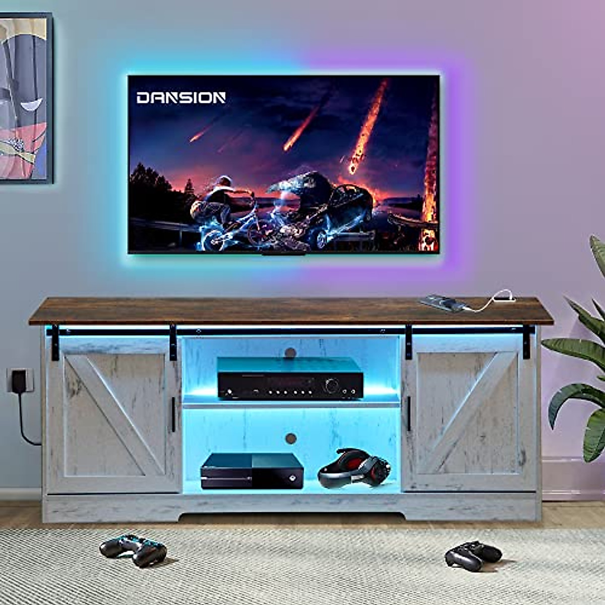 DANSION Farmhouse TV Stand for TVs up to 65 Inch, Smart Led Modern Entertainment Center with USB Port, 59" Media Console Table with Sliding Barn Door and Adjustable Shelf for Living Room, Bedroom