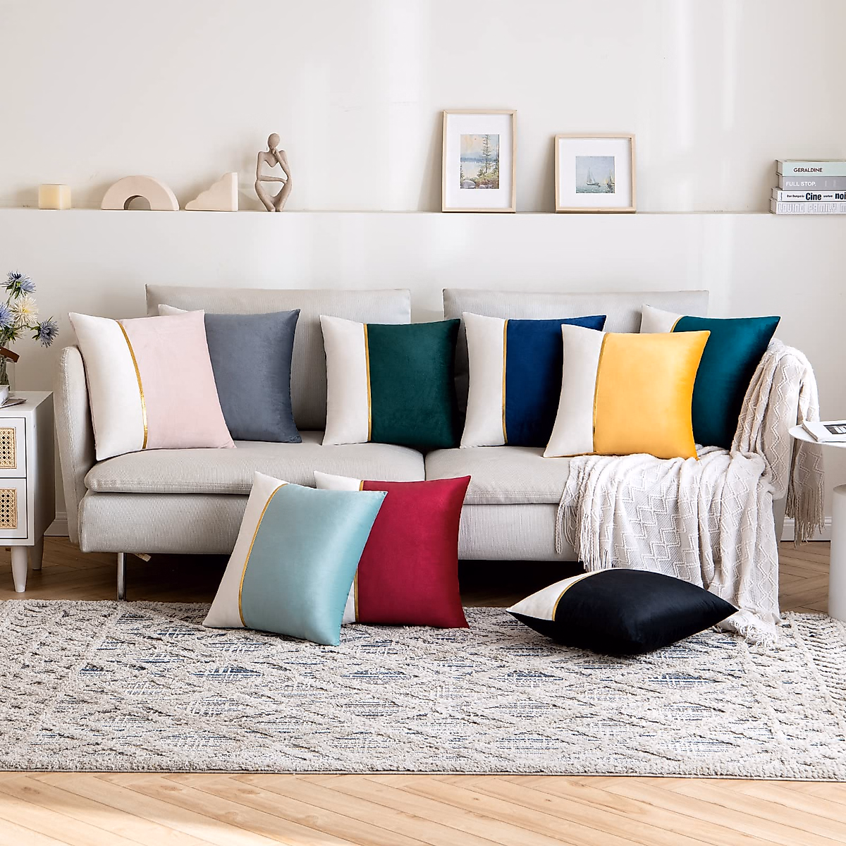 ANRODUO Pack of 2 Black Throw Pillow Covers Decorative Velvet Patchwork with Gold Leather Pillowcase Soft Solid Decoration Cushion Case Square for Couch Sofa Living Room Home Decor 16x16 Inch