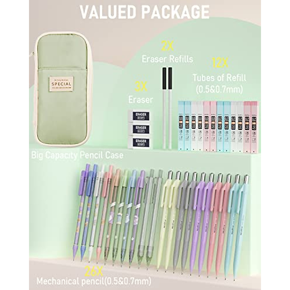 Nicpro 46PCS Aesthetic School Supplies With Big Capacity Pen Case, 26PCS Cute Pastel Mechanical Pencils 0.5 mm & 0.7 mm with 12 Tube HB Lead Refills, Erasers,Eraser Refills for Student Writing Drawing