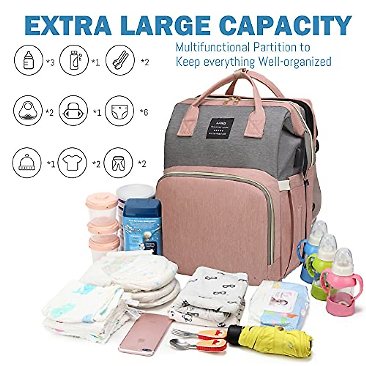 SALIFA Diaper Bag Backpack with Changing Station, Foldable Baby Diaper Bags Large Capacity Waterproof USB Charging Port, Mummy Bag for Baby Boy Girl, Pink