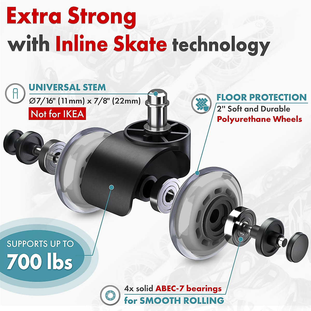 SEDDOX Office Chair Wheels Replacement Set of 5 - Dual 2 Inch Soft Chair Casters for Hardwood Vinyl Tile - Heavy Duty & Safe for All Floors - Fits 98% of Computer Gaming & Office Chairs - Grey