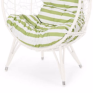 Valerie Outdoor Wicker Teardrop Chair with Cushion, White and Green