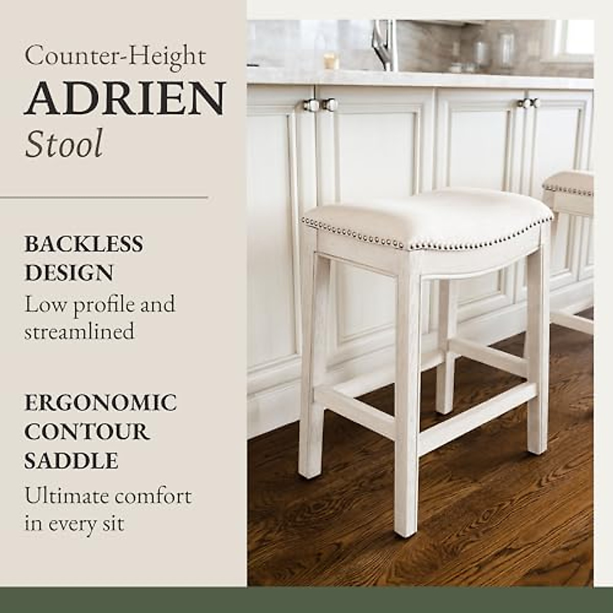 Maven Lane Adrien 26 Inch Counter Height Upholstered Backless Saddle Barstool in White Oak Finish with Natural Color Fabric Cushion Seat, Set of 2