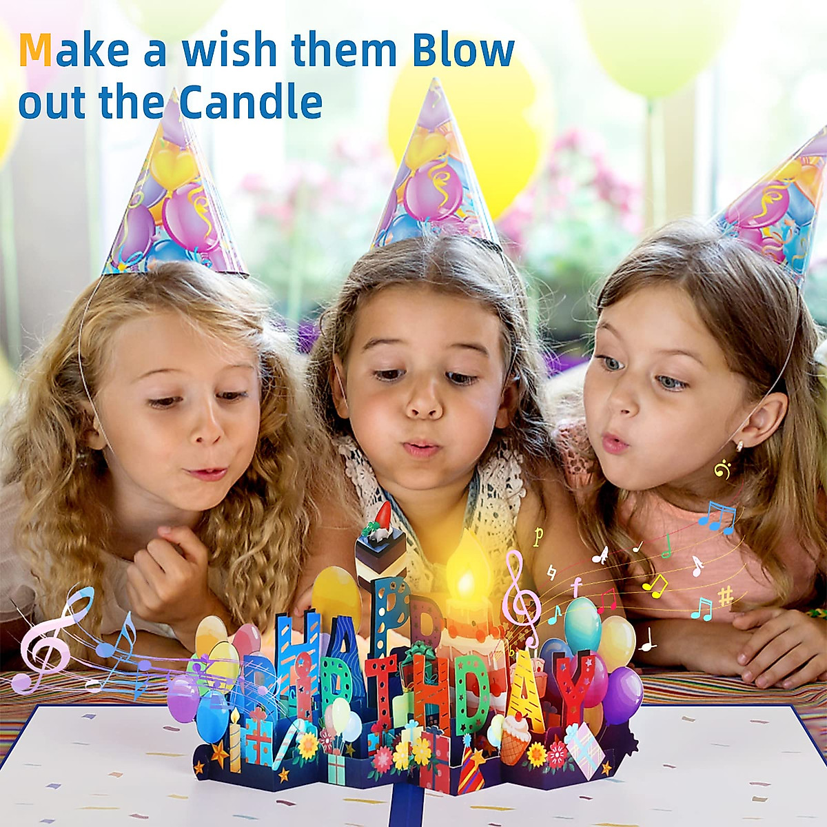 BlueDex Birthday Card, 3D Lights and Music Pop Up Birthday Card, with Blowable LED Candle and Colorful Breathing Lights, Birthday Cards for Women Men Husband Wife Kids Mom Dad