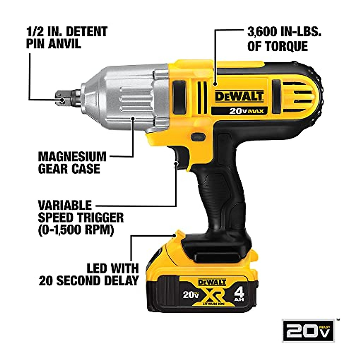 DEWALT 20V MAX Impact Wrench Kit, High Torque, Detent Pin Anvil, 1/2-Inch (DCF889M2)