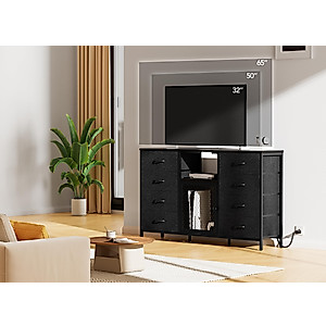 Decofy Dresser for Bedroom with LED Lights and Power Outlets, 8 Drawers TV Stand Dresser for 65 Inch TV, Fabric Chest of Drawers with Open Shelves, Black Dressers for Bedroom, Closet