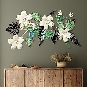 AcozyHom Leaves and Flowers Metal Wall Decor, 58"(L) x26(H), Large Plant Iron Wall Sculpture, Modern Abstract Wall Panel Art for Home, Hotel, Bar, Living Room Decoration, Green