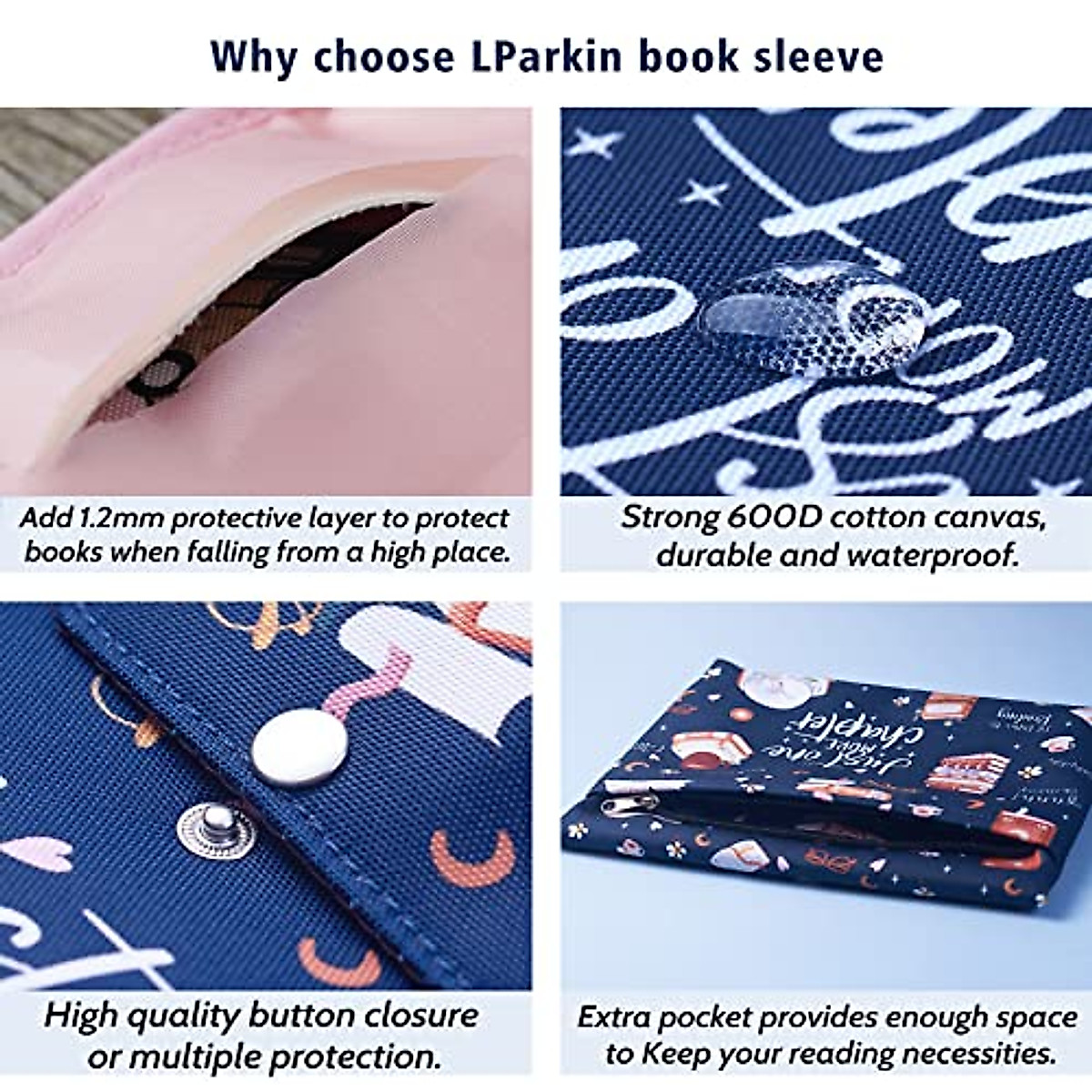 Just One More Chapter Book Sleeve, Book Protector with Zipper with Padded, Book Covers for Paperback, 11 x 9 Inch, Book Sleeve for Book Lovers