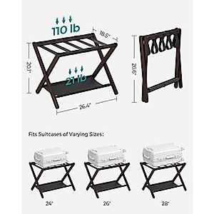 SONGMICS Luggage Rack, Folding Suitcase Stand with Storage Shelf, for Guest Room, Hotel, Bedroom, Heavy-Duty, Holds up to 131 lb, Chestnut Brown URLR007R01