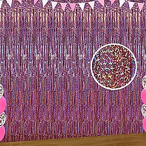 Pink Backdrop Glitter Curtains, Pink Birthday Party Decorations Pink Streamer Backdrop Pink Tinsel Foil Fringe Curtains for Girl Birthday Unicorn Bachelorette Baby Shower Party Decorations (3 Pack)