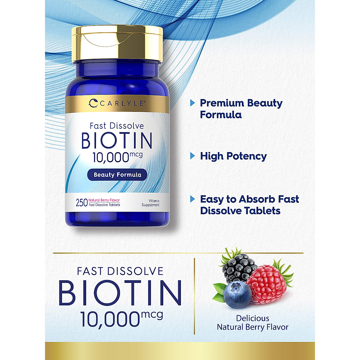 Carlyle Biotin 10000mcg | 250 Fast Dissolve Tablets | Max Strength | Vegetarian, Non-GMO, Gluten Free Supplement