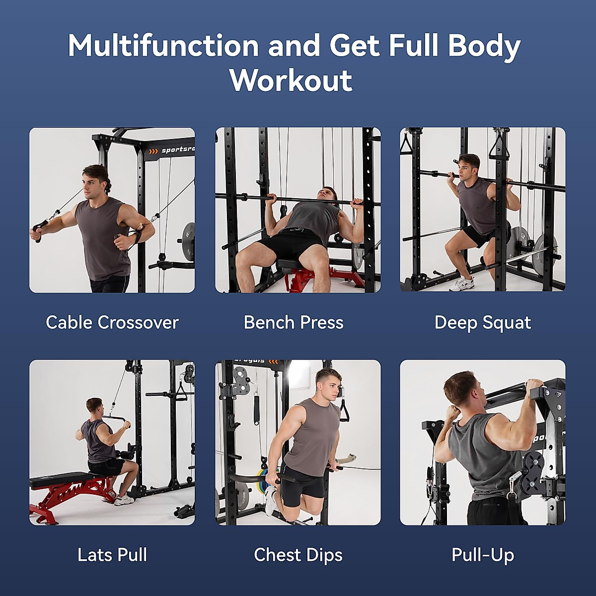 Sportsroyals Power Cage, Multi-Function Power Rack with Adjustable Cable Crossover System and More Training Attachment, Weight Cage for Home Gym