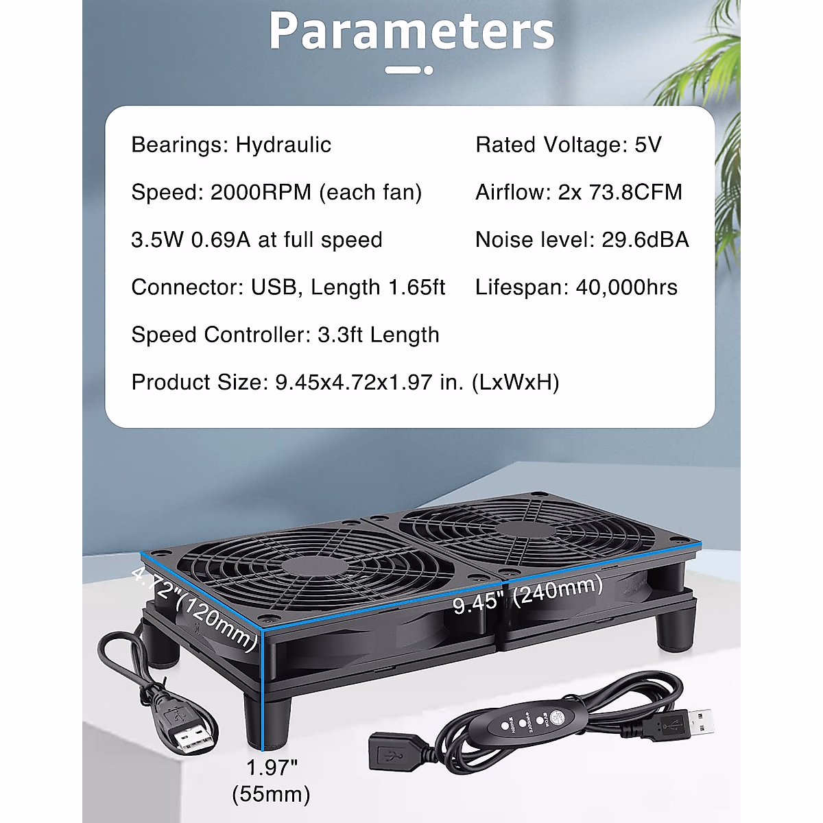 GDSTIME Dual 120mm 5V USB Fans, 102CFM Big Airflow Fan Cooling for Router TV Box Micro Computer and Other Electronics
