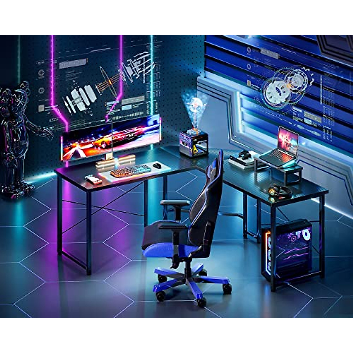 ODK L Shaped Gaming Desk, 51 Inch Computer Desk with Monitor Stand, PC Gaming Desk, Corner Desk Table for Home Office Sturdy Writing Workstation, Carbon Fiber Surface, Black