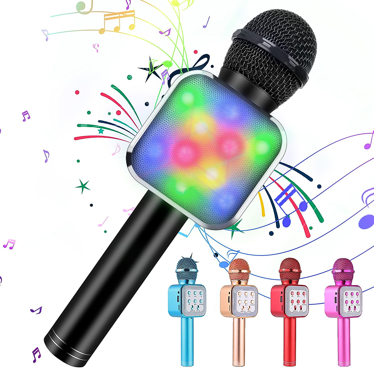 KIDWILL Wireless Bluetooth Karaoke Microphone for Kids, 5-in-1 Portable Handheld Karaoke Mic Speaker Player Recorder with LED Lights for Kids Girls Boys Teens Birthday (1818-Black)