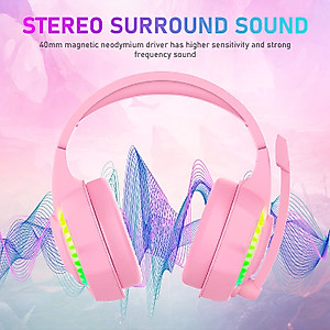Gaming Headset with Microphone for PS4 PC Xbox One PS5 Controller,Noise Cancelling Over Ear Headphones with Adjustable Mic,Breathing RGB Light,Bass Surround,Soft Memory Earmuffs for Laptop Mac(Pink)