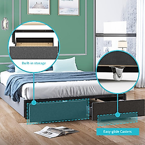 CECER California King Size Bed Frame with 2 Storage Drawers, Linen Platform Bed Frame with Wood Slat Support, No Box Spring Needed, Easy Assembly, Dark Grey