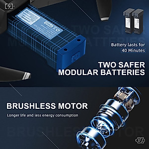 HHD Drone with Camera for Adults, Foldable RC Quadcopter for Beginners with 40 mins Flight Time, App Control, Auto Return Home, Follow Me, 2 Batteries (Black-1)