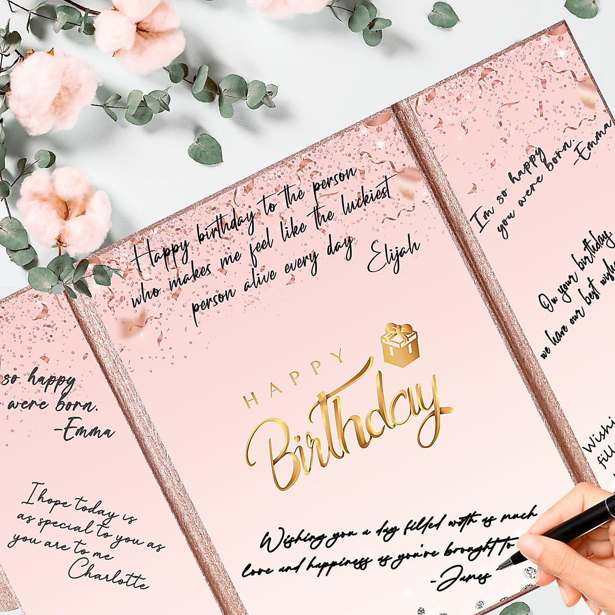 Crenics Rose Gold Happy Birthday Decorations, Creative Birthday Guest Sign in Book Alternative, Birthday Signature Book 18" x 12", Great Birthday Gifts for Women or Girls