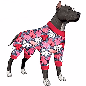LovinPet Clothes for Big Dogs - Anxiety Relief Shirt, Dog Sun Protection, Post Surgery Recovery Pajamas for Dogs, Comfy Stretchy Fabric, Polar Fleece Polka Dot Bear Pink Print, Large Dog Pjs,Red M
