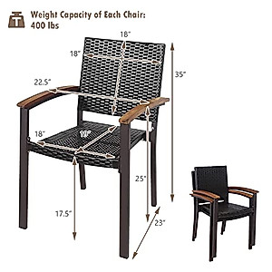Tangkula 2 Pieces Outdoor PE Wicker Stackable Chairs, Patio Dining Chairs with Solid Acacia Wood Armrests, Indoor Outdoor Bistro Chairs for Garden, Poolside and Backyard (1, Mix Brown)