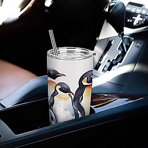 20 Oz Tumbler With Straw Leak Proof Thermos Cup, Animal Penguins Watercolor Pattern Stainless Steel Insulated Travel Coffee Mug Fit for Car Cup Holder