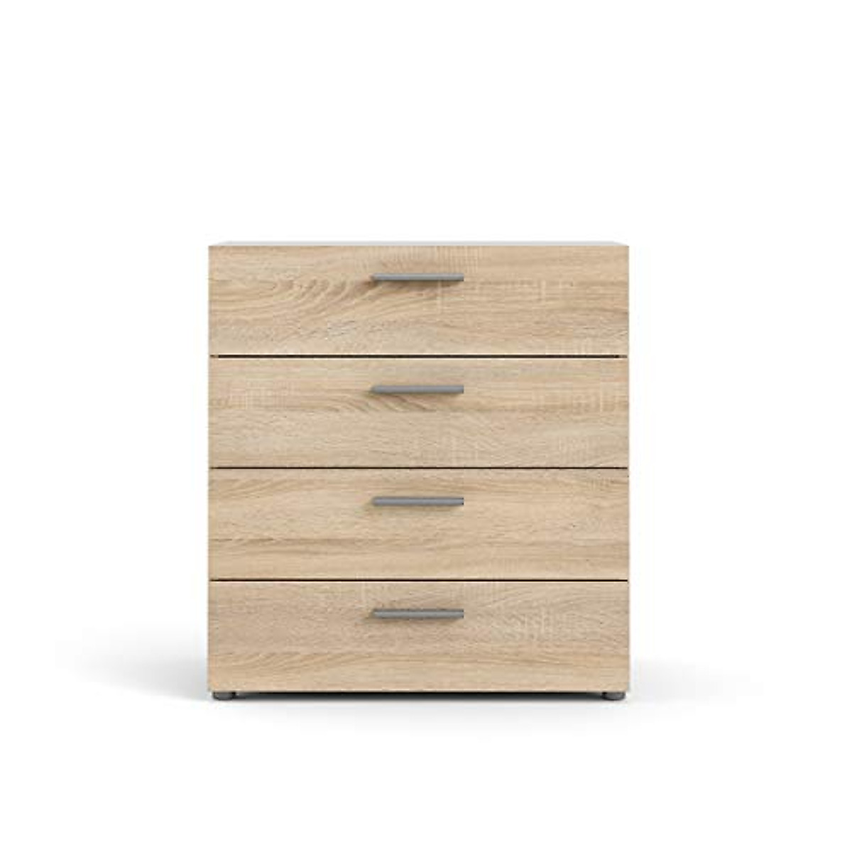 Tvilum Bedrooms, Living Areas, or Entryways, Silver Handles, Steel Brackets at Bottom 4 Drawer Chest, 15,85 in D x 26,81 in H x 31,57 in W, Oak