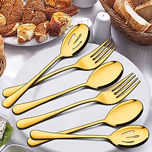Homikit 3 Pieces Large Gold Serving Spoons, 3 Slotted Serving Spoons and 3 Serving Forks, Stainless Steel Serving Utensils Hostess Set for Catering Buffet, Dishwasher Safe