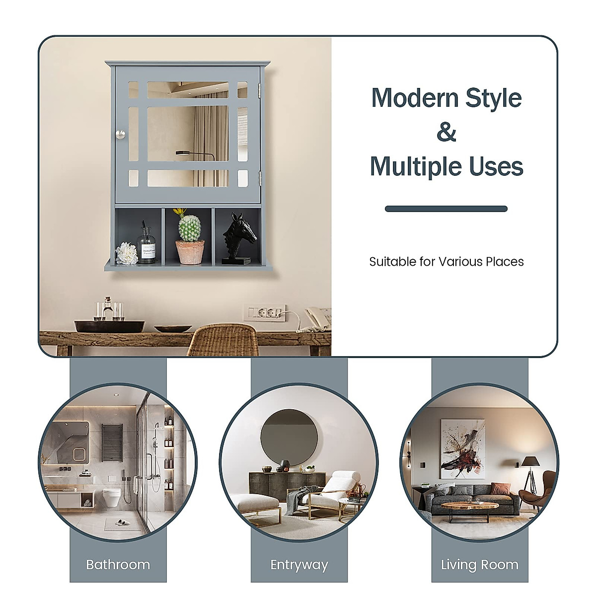 LOKO Bathroom Medicine Cabinet with Mirror, Small Bathroom Cabinet Wall Mounted with Single Mirrored Door & Adjustable Shelf, Bathroom Wall Cabinet, 19 x 6.5 x 23.5 inches (Grey)