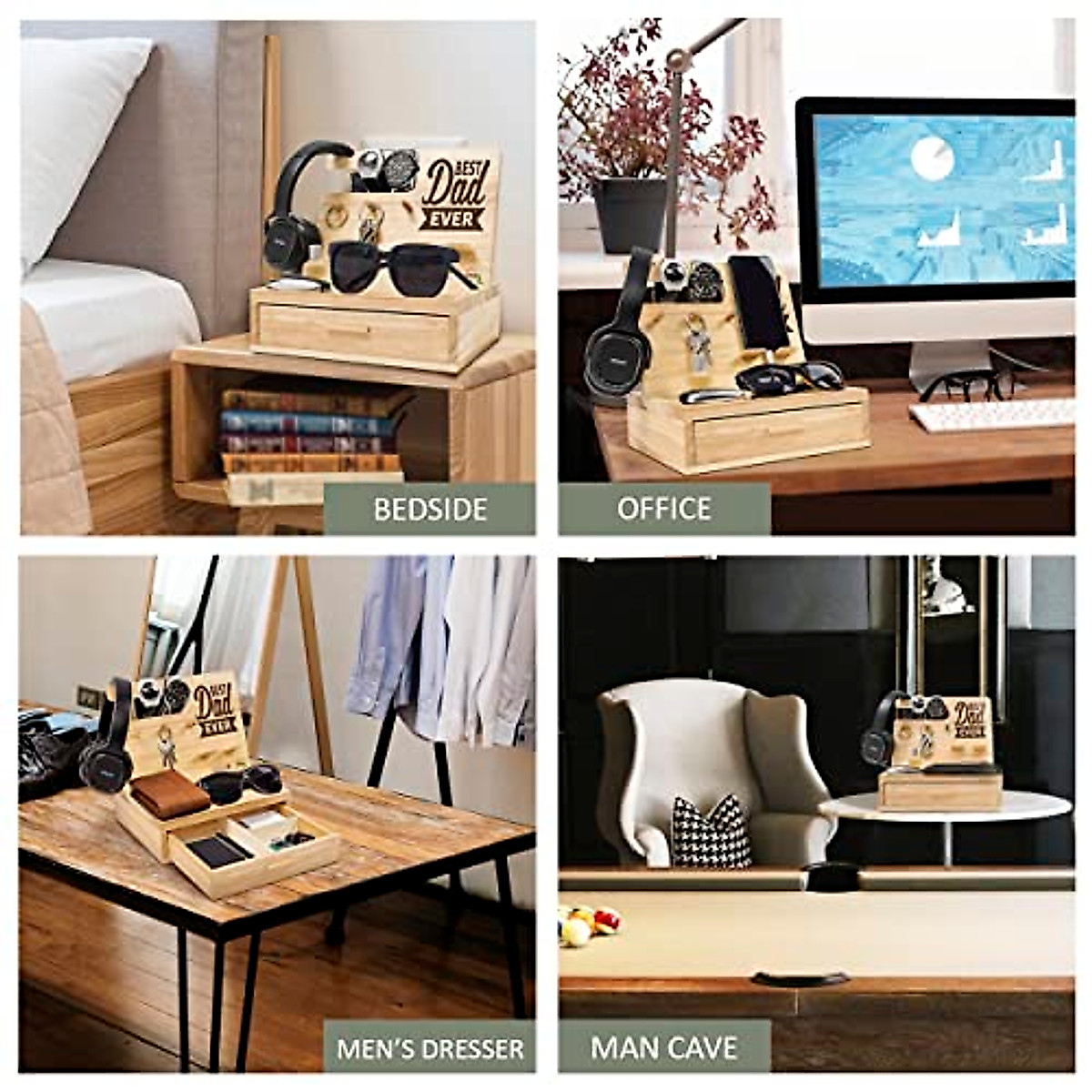 EcoLeafy Dot Best Dad Ever Gifts- Nightstand Organizer for Men- Docking Station for Dad- Personalized Gifts for Men- Phone Organizer Station for Cellphone, Watch, Headphone and Mens Accessories