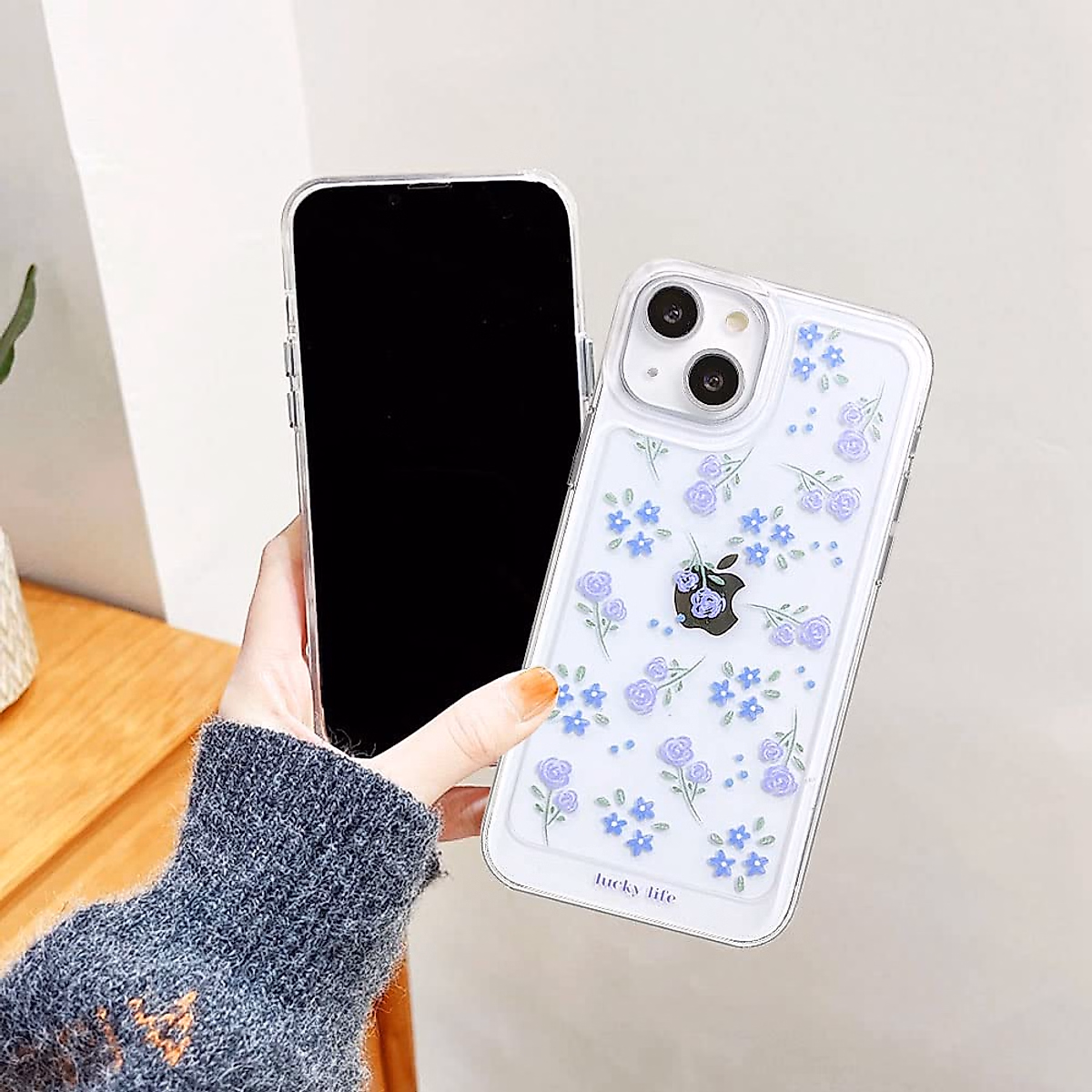 CEOKOK for iPhone 13/14 Case, Clear with Purple Rose Floral Pattern, Cute Aesthetic Protective Cover, Transparent Anti-Scratch & Shockproof Phone Case for Women Girls, Kawaii Design for iPhone 13/14