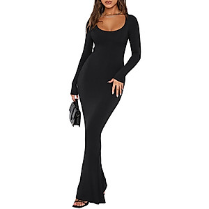 REORIA Womens Sexy Casual Scoop Square Neck Long Sleeve Soft Lounge Long Dress Fall Wedding Guest Elegant Ribbed Bodycon Maxi Dresses Black Large